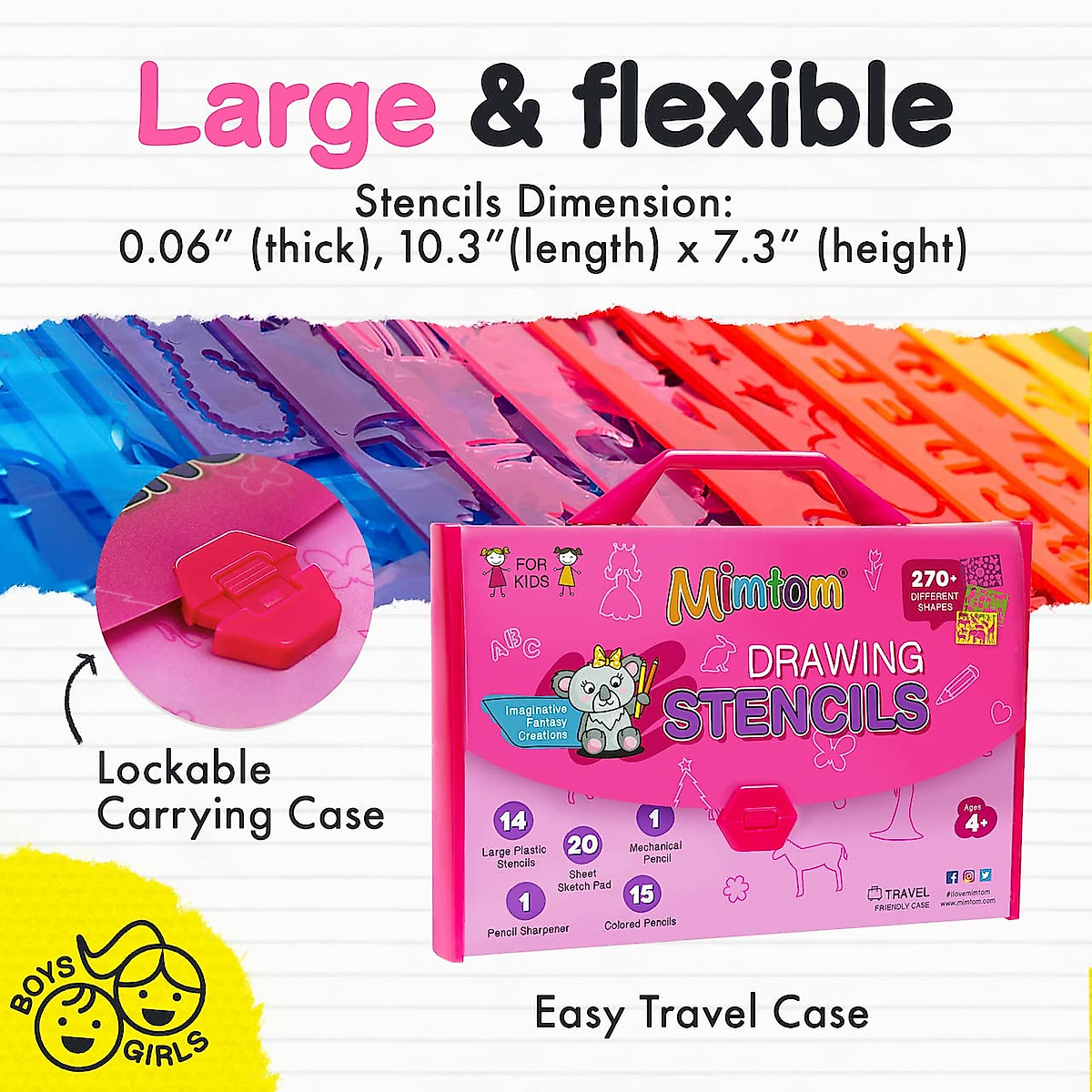 Mimtom Drawing Stencil Kit for Kids, 51 PC Art Set with 270+ Shapes, Sketch Pad, and Colored Pencils for Child's DIY Arts and Crafts, Draw with Princess, Fairies and Animal Stencils, Pink