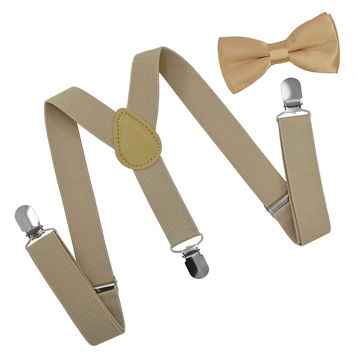 traderplus Men Elastic Suspenders and Bow Ties Set for Wedding, Formal Events (Champagne)