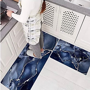 C's Blue Marble 2 Pieces Waterproof Non Slip Kitchen Rug Set PVC Leather Anti Fatigue Kitchen Floor Mat for Kitchen Laundry Decor17 x47 + 17"x30" Blue Marble