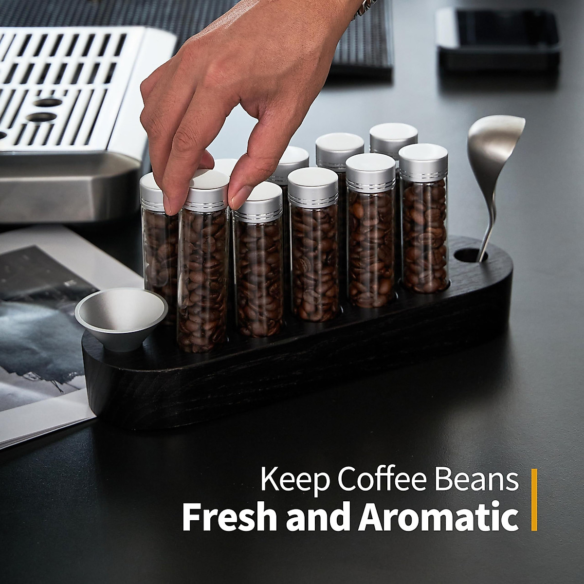 Coosigar Coffee Bean Container, Single Dose Coffee Bean Storage,10PCS Coffee bean cellar container with black wooden stand and funnel coffee spoon.(Black wood+Silver lids)