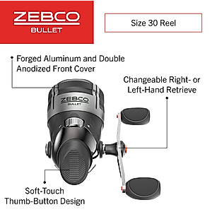 Zebco Bullet Spincast Fishing Reel, Size 30 Reel, Fast 29.6 Inches Per Turn, GripEm All-Weather Handle Knobs, Pre-Spooled with 10-Pound Zebco Fishing Line, Black