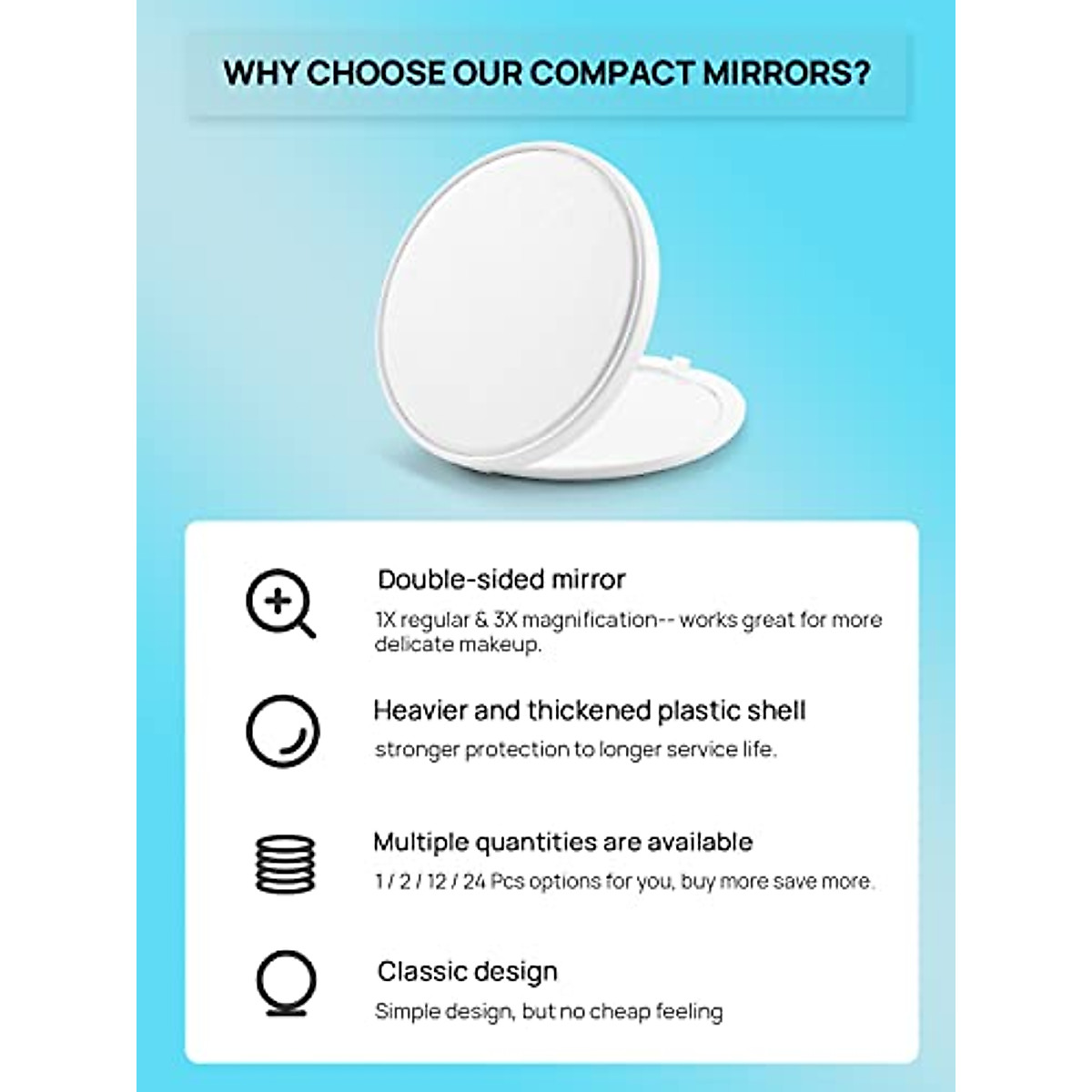 Getinbulk Compact Mirror Bulk, Small Pocket Makeup Round Mirror Double-Sided 1X/3X Magnifying PU Leather (White, 2.7 inches)