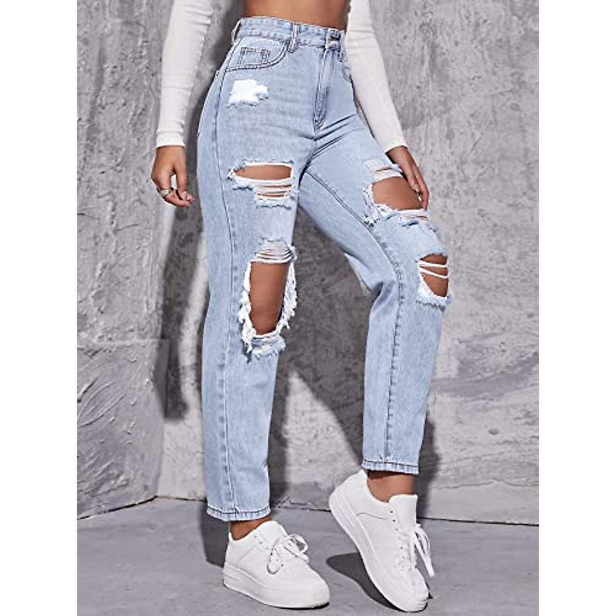 MakeMeChic Women's Ripped Mom Jeans High Waisted Distressed Denim Pants Light Wash M
