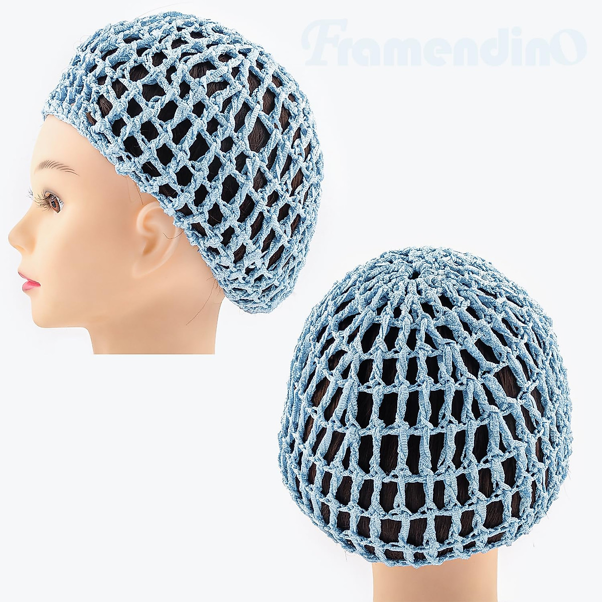 Framendino, 3 Pack Mesh Crochet Hair Net Rayon Knit Snoods Hat Thick Hairnet Snood Cover Ornament for Night Sleeping Hair Accessories (Blue & Black & Khaki)
