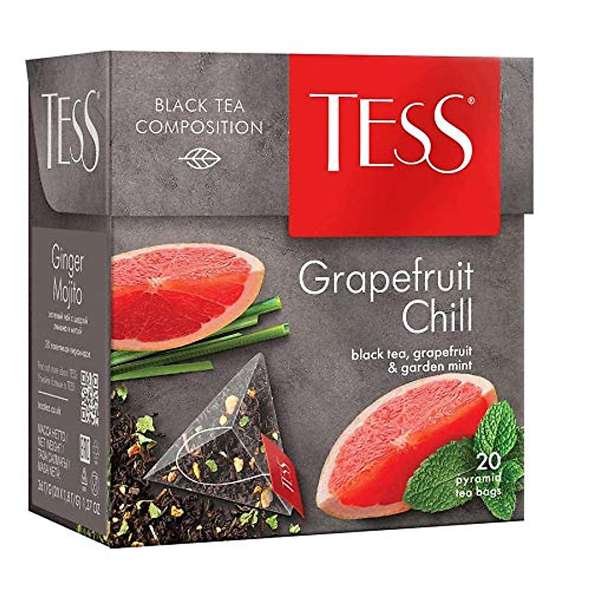 Tess Grapefruit Chill Black Tea Composition Black Tea, Grapefruit and Garden Mint Leaf Tea in 20 Pyramid Sachets