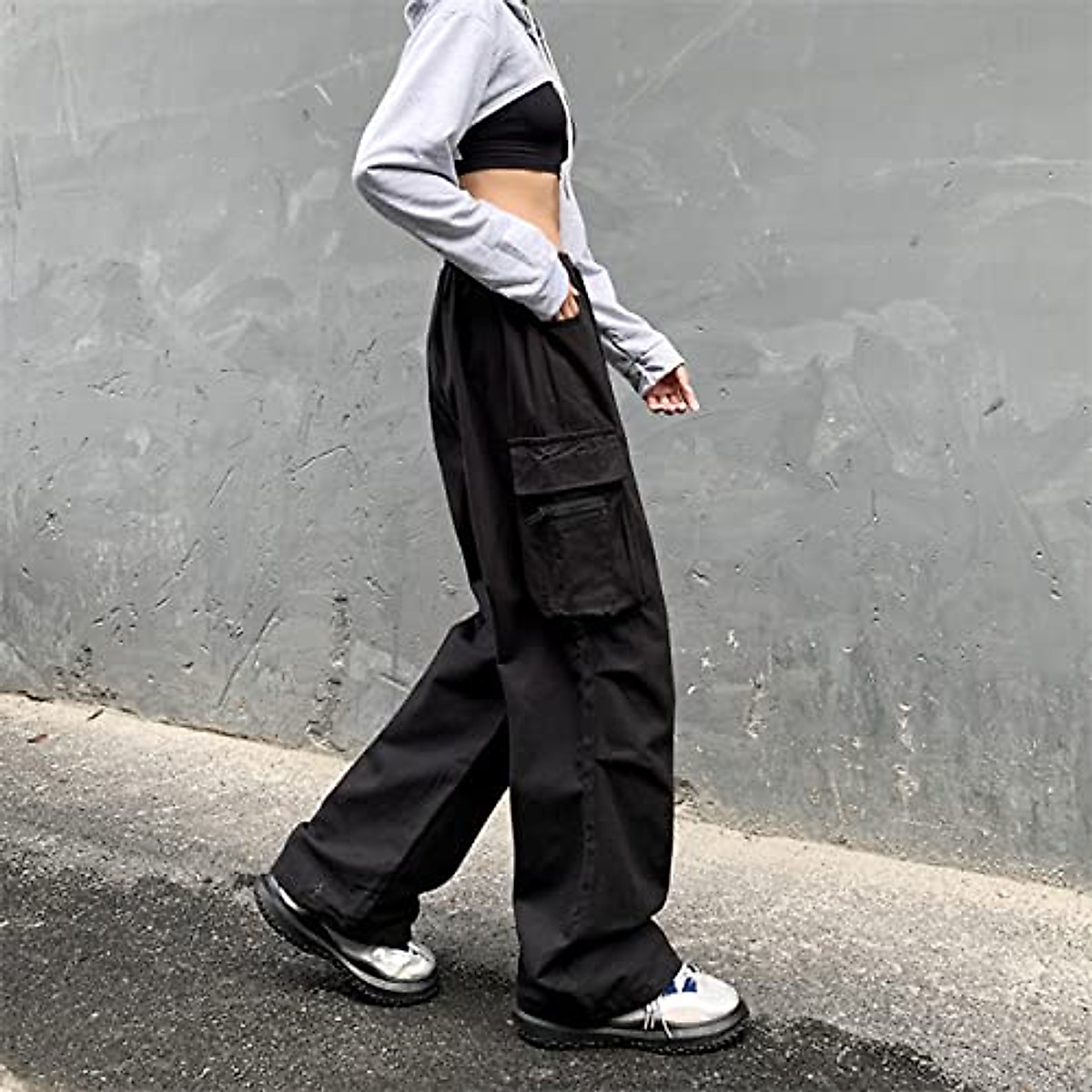 Linsennia Parachute Pants for Womens Wide Leg Cargo Pants Y2k with Pockets Baggy Casual Harajuku Streetwear Goth