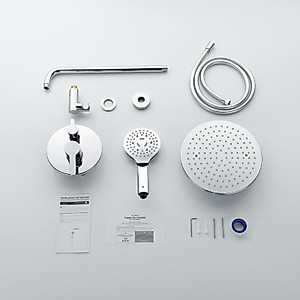 Lavatrum Polished Chrome Shower Faucet Set, Wall Mount Rain Shower System 10 Inches, and 5 Setting Handheld Shower Head Set, Included Rough-in Valve and Trim Kit