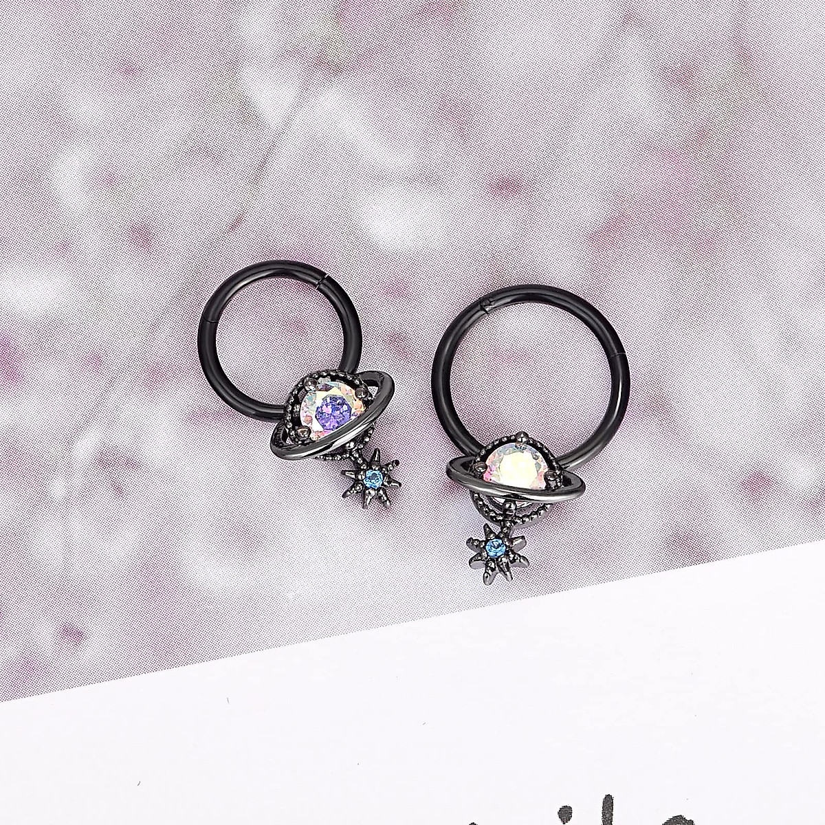 Qmcandy 4pcs Stainless Steel 16G Septum Clicker Dangle Hinged Segment Ring with Planet CZ Moon Star Septum Piercing Jewelry, Black 00g