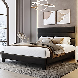 WEEWAY Queen Bed Frame Platform Bed with Velvet Upholstered Headboard and Wooden Slats Support, Heavy Duty Mattress Foundation, No Box Spring Needed, Easy Assembly, Black