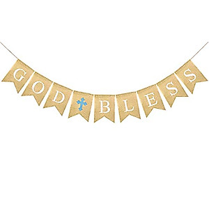 FAKTEEN God Bless Burlap Banner Baptism First Communion Decorations for Boys Confirmation Centerpiece Decor Baby Shower and Birthday Party Supplies