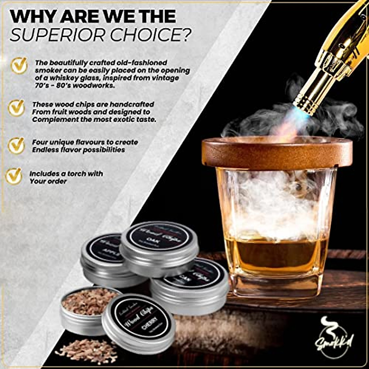 Cocktail Smoker Kit with Torch – 4 Flavors Wood Chips – Bourbon, Whiskey Smoker Infuser Kit, Old Fashioned Drink Smoker Kit, Birthday Bourbon Whiskey Gifts for Men, Dad, Husband (Without Butane)