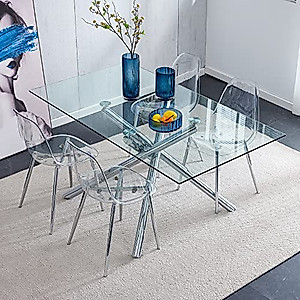 Maotifeys 63" Modern Glass Dining Table for 6 4,Kitchen Table Rectangle Tempered Glass Top Dining Room Table w/Silver X Shape Stainless Steel Pedestal Base,Glass Dinner Table for Kitchen Dining Room