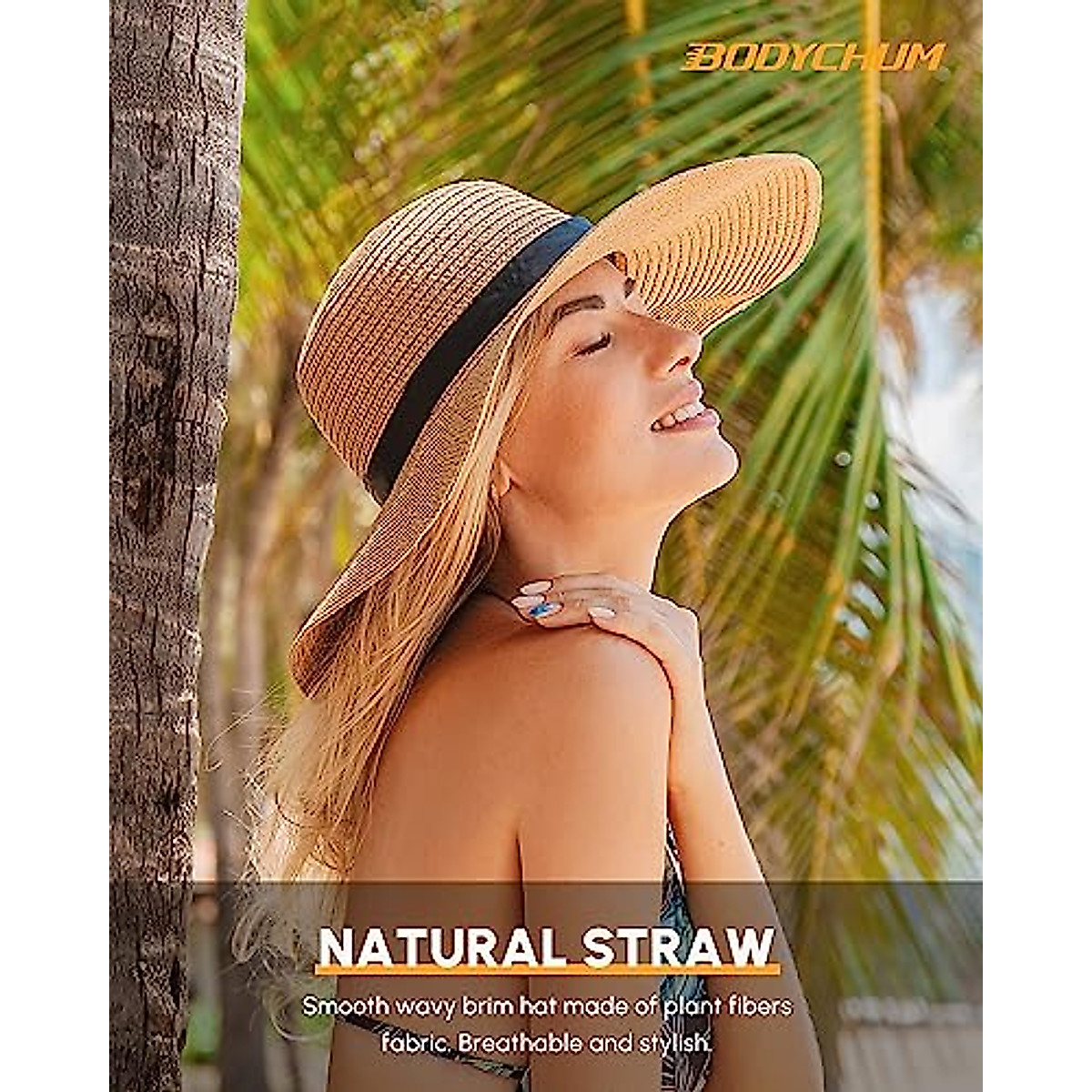 Womens Wide Brim Straw Sun Hat UV Protection UPF50 Foldable Beach Hat Floppy Packbale Summer Hat Travel(Khaki)