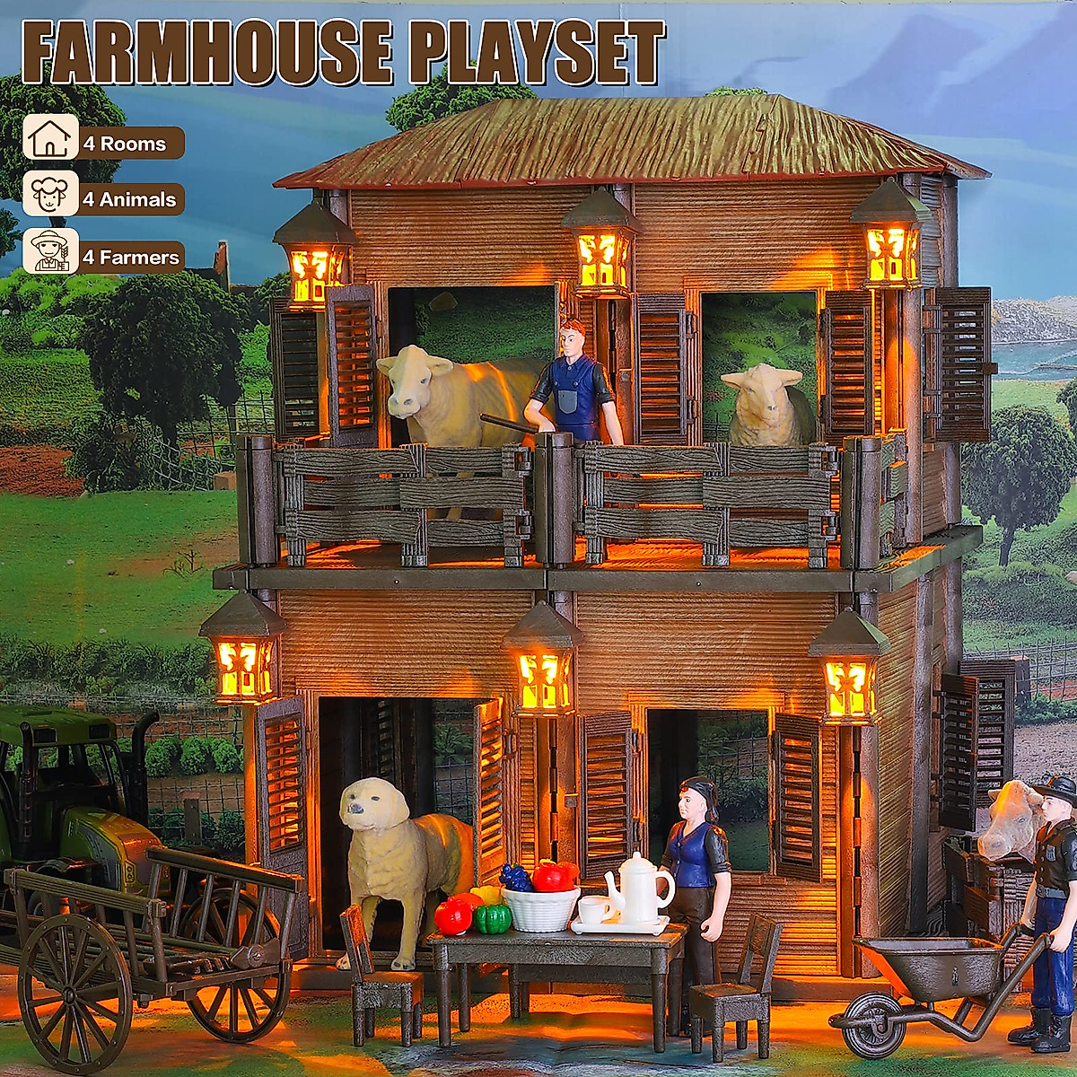 Lucky Doug Farm Animal House Toys Playset for Kids Toddlers Ages 3-8, 187 PCS Farm Building Toys Farmhouse Figures Pretend Play Set with 4 Animals, 4 Figures, A Tractor, 11" L x11 W x 14" H