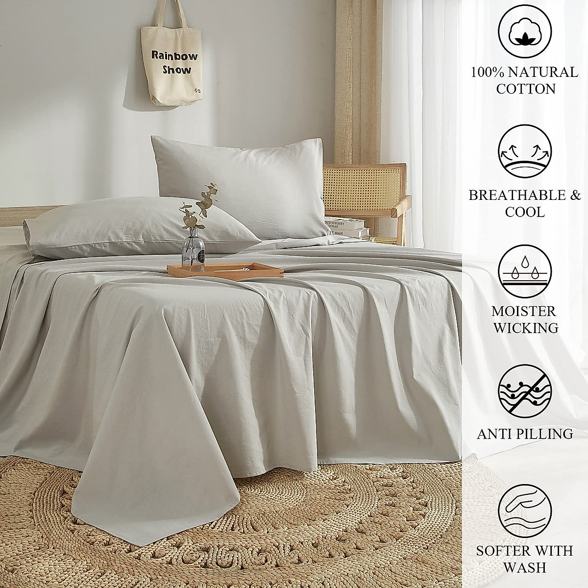 Full Size Sheets Set Grey Bed Sheets Deep Pocket 4 Piece Bedding Sheets & Pillowcases Set, Hotel Luxury Silver Grey Sheets 100% Washed Cotton Breathable Cooling Sheets, Fade, Stain, Shrink Resistant