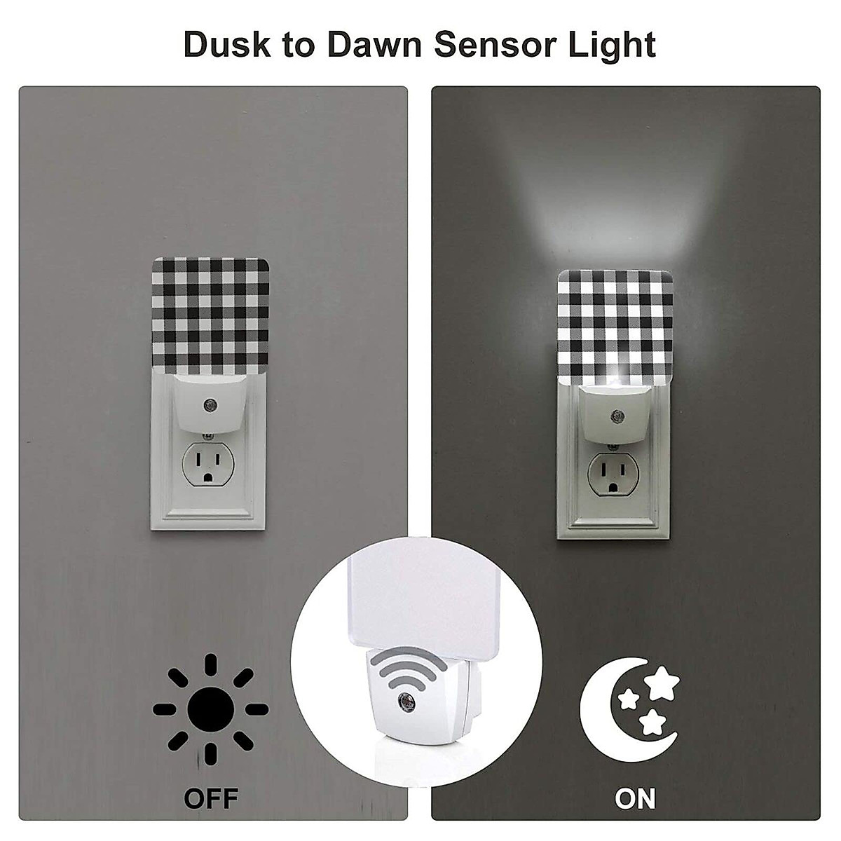 Night Light 2 Pack White and Black Buffalo Check Plaid Classic Led Lamp Plug in Wall Auto Dusk to Dawn Sensor Nightlight Decorative Bedroom, Toilet, Kids Room, Nursery, Hallway, Stairway, Bathroom