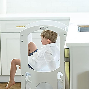 Kids Learning Tower by Little Partners – Child Kitchen Stool Helper Adjustable Height Step Stool, Wooden Frame, Counter Step-Up Active Standing Tower (Soft White)