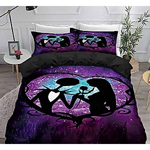 Vanson Lightweight Nightmare Before Christmas Microfiber Bedding Duvet Cover Set 3 Pieces, Jack and Sally Valentine Lover Rose Printing Pattern（no Comforter） Queen Size