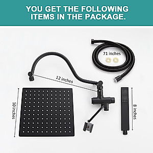 SWKB All Metal 10 inch Shower Head With Handheld Combo With Press Button 2-Way Diverter,Handheld Shower Wand,12 inch Adjustable Shower Extension Arm,Include 71 Inch / 6 ft Hose,Matte Black