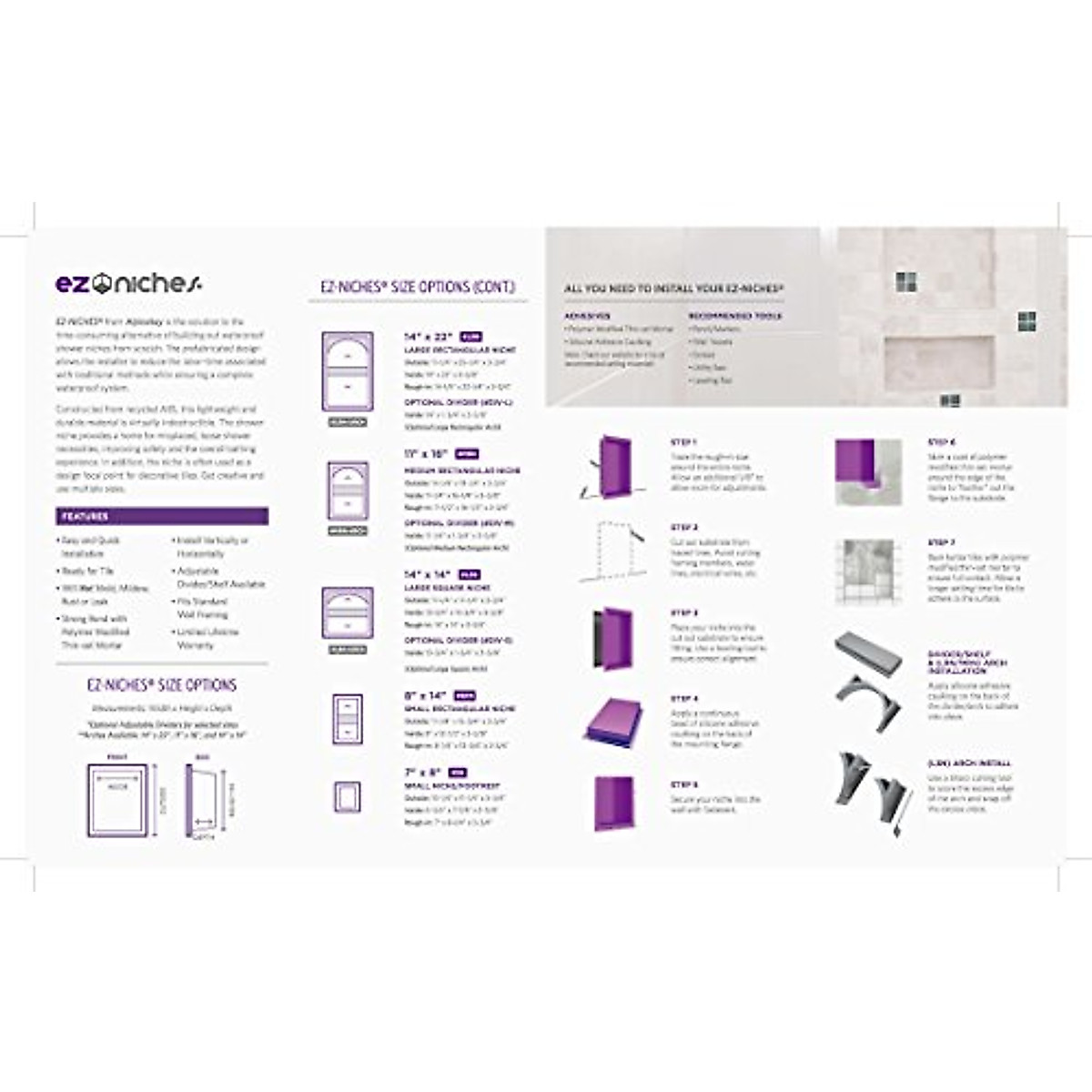 EZ-NICHES - USA - EZLRN - 14in X 22in - Made To Tile - Recessed Tile Wall Shampoo Soap Niche