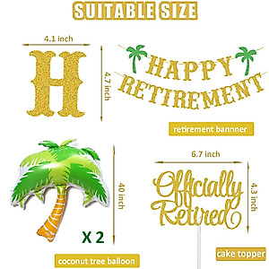 Beach Theme Retirement Party Decorations - Gold Glitter Happy Retirement Banner & Happy Retirement Cake Topper & Coconut Tree Balloons for Beach Theme Retirement Party Supplies Retired Gift Ideas