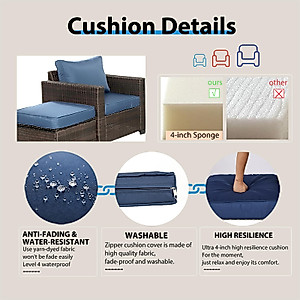 KJDFLJ Patio Furniture Set-Outdoor Furniture Wicker Patio Conversation Set, All-Weather PE Rattan Sectional Sofa with Cushions and Glass Coffee Table (Brown + Dark Blue, Slanting_7-Piece)