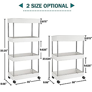 Storage Cart by PILITO, Rolling Utility Cart Mobile Shelving Unit Organizer with Wheels for Bathroom, Kitchen, Office, Home, Laundry Room & Dressers, Plastic & Stainless Steel, White (4-Tier)