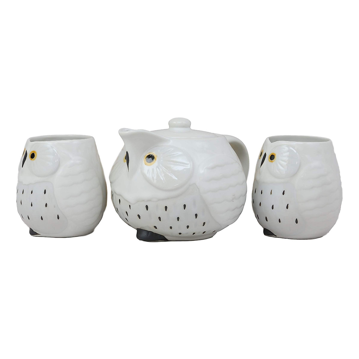 Ebros Gift Whimsical White Fat Snow Owl Ceramic 16oz Tea Pot With 2 Cups Set With Stainless Steel Strainer As Teapots And Teacups Home Decor Of Owls Owlet Nocturnal Bird
