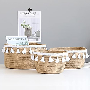 GIBZ Jute Storage Baskets with Tassel, Decorative Natural Round Basket Set Home Organizer for Bedroom, Nursery, Living Room, Bathroom White Set of 3