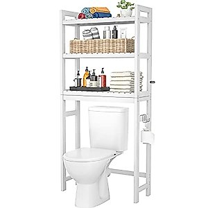 Homykic Over The Toilet Storage, Bamboo 3-Tier Over-The-Toilet Space Saver Organizer Rack, Stable Freestanding Above Toilet Stand with 3 Hooks for Bathroom, Restroom, Laundry, White