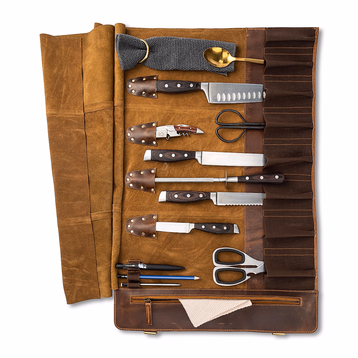 Angus Stoke Premium Leather Knife roll Storage Bag XXL - 14 Pockets, Buffalo Leather with Shoulder Strap, Chef's Knife Bag case Rene (Walnut-Brown)