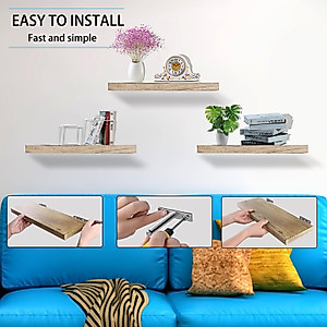 Floating Shelves, Rustic Solid Wood Shelves Set of 3,Floating Shelves for Wall Mounted, Durable Natural Bathroom Wall Shelves with Bedroom,Kitchen,Living Room,Office Storage Decor (Light Brown)