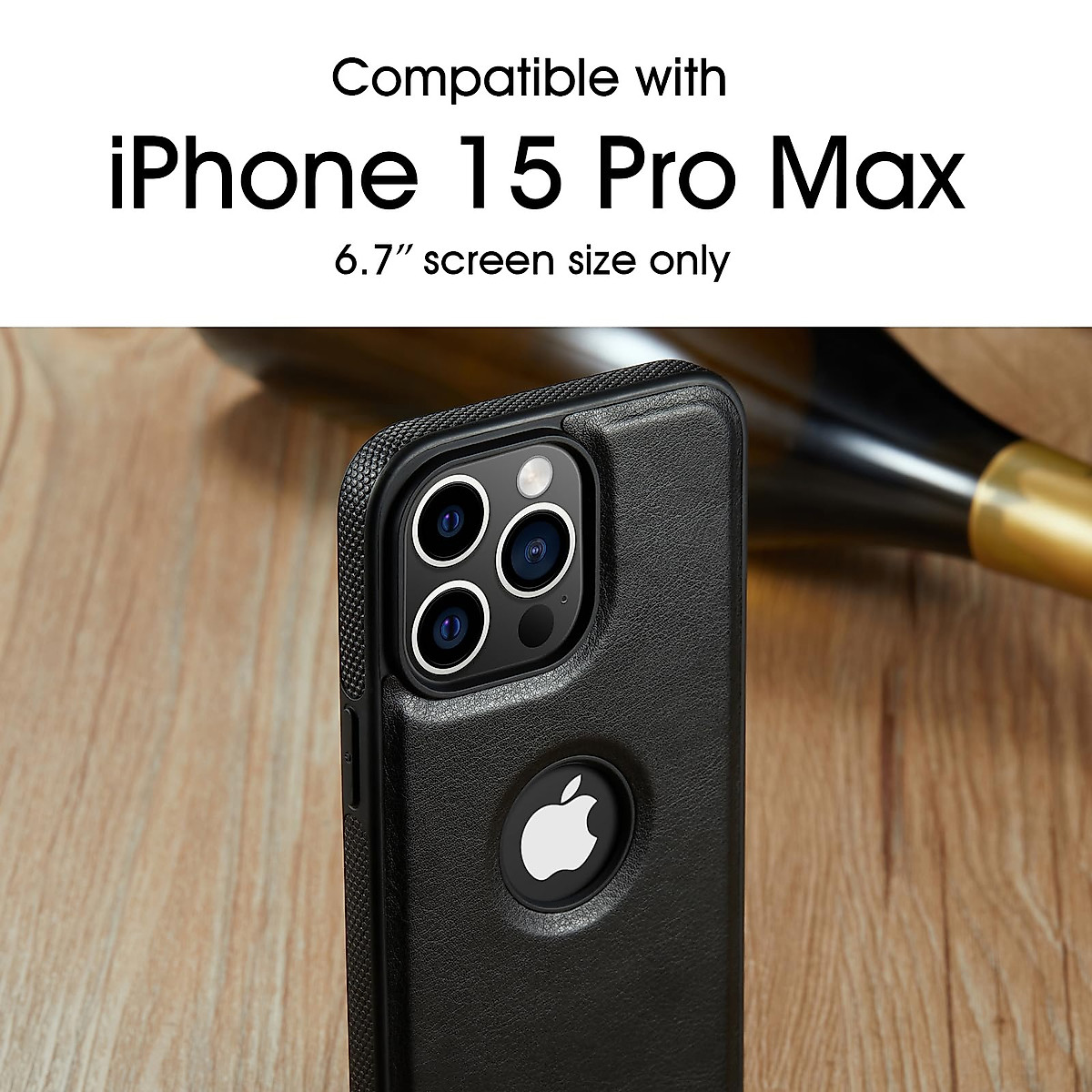 Casus Designed for iPhone 15 Pro Max Case Compatible with MagSafe Leather Slim Logo View Luxury Elegant Thin Cover with Tempered Glass Screen Protector(2023) 6.7" - Black