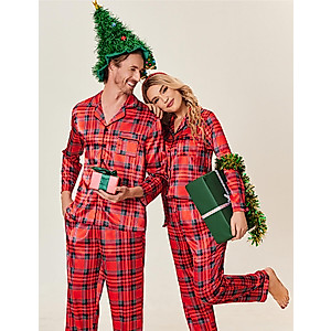 Ekouaer Matching Christmas Pajamas for Couples Silky Soft Sleepwear Winter Long Sleeve Button Up Two Piece Pjs,Christmas Red Plaid,M