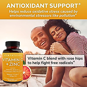 Vitamin C with Zinc (250 Veggie Capsules) - Vitamin C 1000mg and Zinc 20mg with Citrus Bioflavonoids and Rose Hips, Immune Support Supplement and Powerful Antioxidant