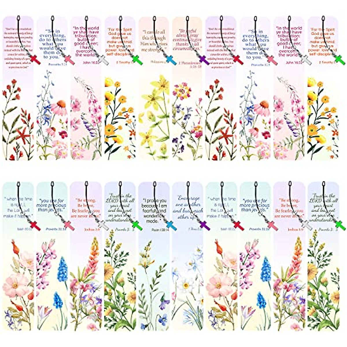 24 Pieces Christian Bookmarks for Women Flower Bible Verse Book Marks Floral Religious Bookmarks Christian Gift with 24 Pcs Cross Pendants for Reading Reward, Church Decoration (Flower Style)