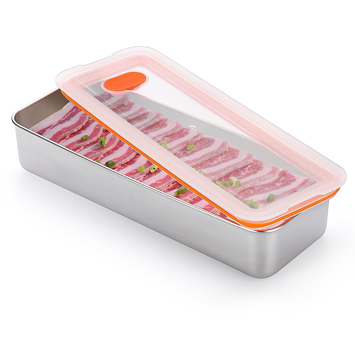 BSTKEY Bacon Container for Refrigerator, 304 Stainless Steel Airtight Deli Meat Saver Bacon Keeper for Fridge, Bacon Fresh Storage Container with Clear Lid, Dishwasher Safe, Fridge Organizer