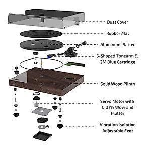 Fluance RT84 Reference High Fidelity Vinyl Turntable Record Player with Ortofon 2M Blue Cartridge, Speed Control Motor, High Mass MDF Wood Plinth, Vibration Isolation Feet - Walnut