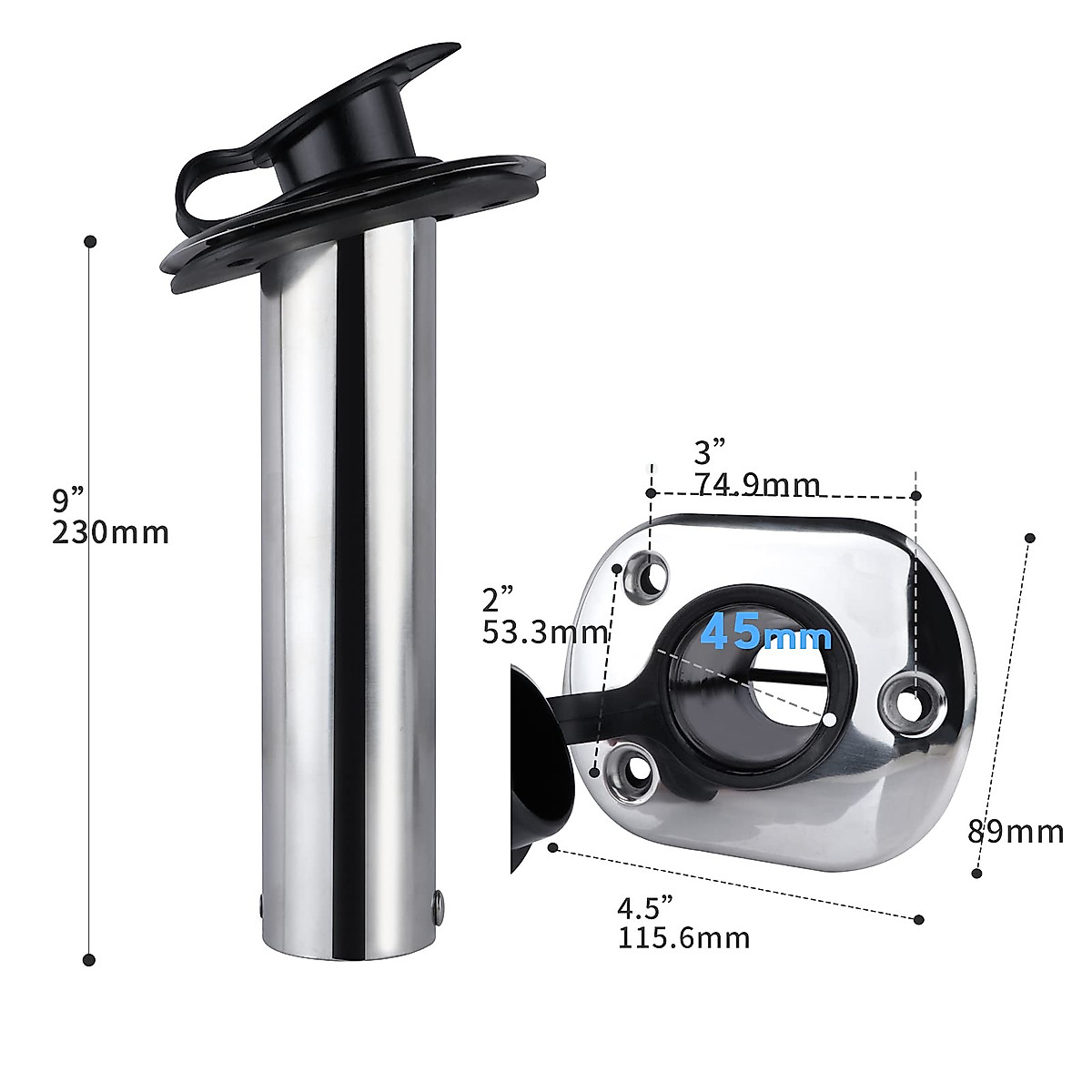 HOFFEN 2PCS STAINLESS STEEL FISHING ROD HOLDER 9" Flush Mount with UV PVC Liner( 30 Degree）