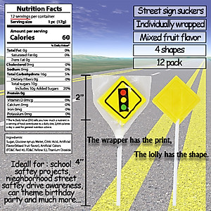 12 Street Sign Lollipop Suckers - Road Sign Lollipop for Car Themed Birthday Parties - Construction Safety Candy Decoration Lollipop - Party Favor Traffic Sign Pops - Assorted Pack Individually Wrapped Suckers