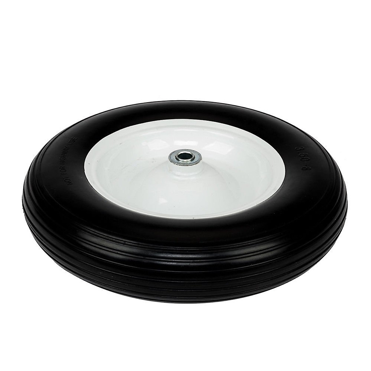 Manoch 14.2" Wheelbarrow cart Wagon Tire Flat Free Wheelbarrow Formed Ribbed Tread Axles Shaft: 5/8" Ball Bearing Weight Capacity: 158.76kg / 350 lbs Size: 14.2" Tire, 3.5" Hub 9" Rim,3.25" Wide Tire