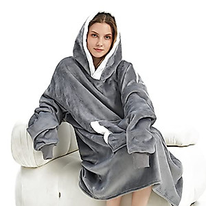 XYNHML Oversized Wearable Blanket Flannel Sherpa Fleece Giant Hoodie Blanket Light Grey Stitch Blanket Hoodie Sweatshirt Blanket with Sleeves and Giant Pocket