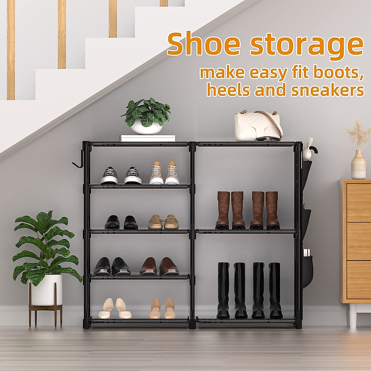 XJJX 5-Tier Shoe Rack Storage for Closet, 28 Pairs Metal Stackable Shoes Rack Boots Organizer Shoe Shelf Shoe Stand with Side Bag for Entryway Closet Hallway and Bedroom