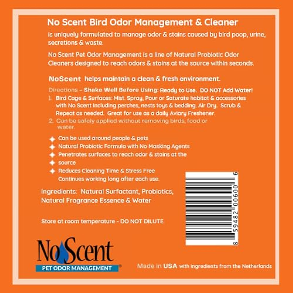 No Scent Bird Cage Cleaner Spray & Pet Odor Management, Natural Aviary Freshener (2 Fl Oz / 59 mL)