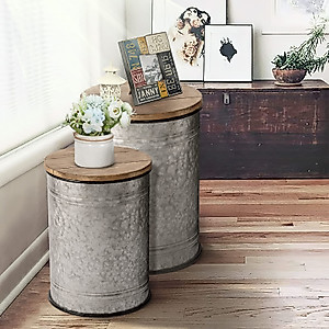 oneinmil Rustic End Table with Storage Bins Farmhouse Furniture Galvanized Metal Stool Ottoman Seat with Round Wood Lid Set of 2