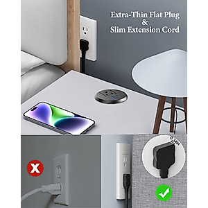 2 inch Desktop Power Grommet with PD 20W USB C,Ultra Thin Flat Plug Power Strip,Recessed Outlet,Slim Outlet Extender for Office,Table Outlets for Home, Office,6 ft Cable(Black)