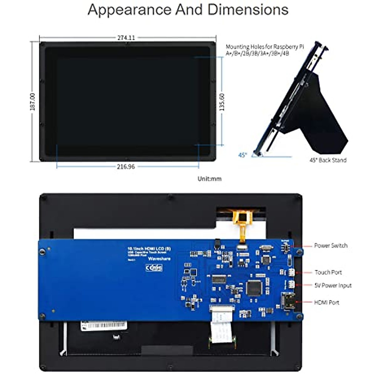 Waveshare 10.1 inch Capacitive Touch Screen LCD IPS Screen 1280x800 Hardware Resolution Supports Multi Mini-PCs and Multi Systems