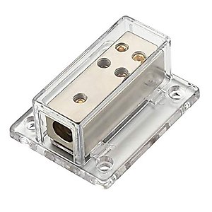 Freajoin 4/8/10 AWG Gauge Power Distribution Block 4 Gauge in - ( 4 ) 8/10 Gauge Out, Satin Nickle Plated Internal Material and High-Strength Clear Housing