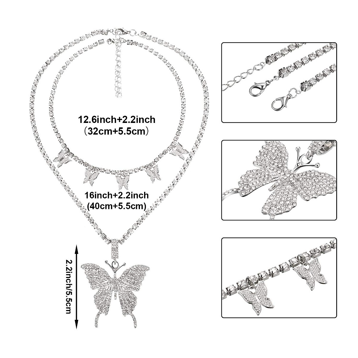 Hicarer Big Butterfly Pendant Necklace Rhinestone Chain Shiny Crystal Choker Pendant Collar Necklace and Butterfly Bracelet Butterfly Earrings Jewelry for Women