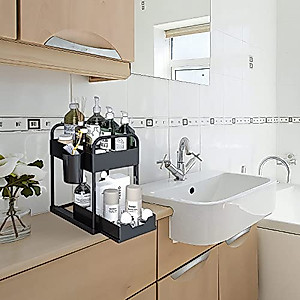 2 Tier Under Sink Organizers and Storage, 2 Pack Sliding Under Bathroom Cabinet Storage Drawer Organizer with Storage Drawer with 8 Hooks and 2 Hanging Cups, Multi-purpose Under Sink Organizer, Black